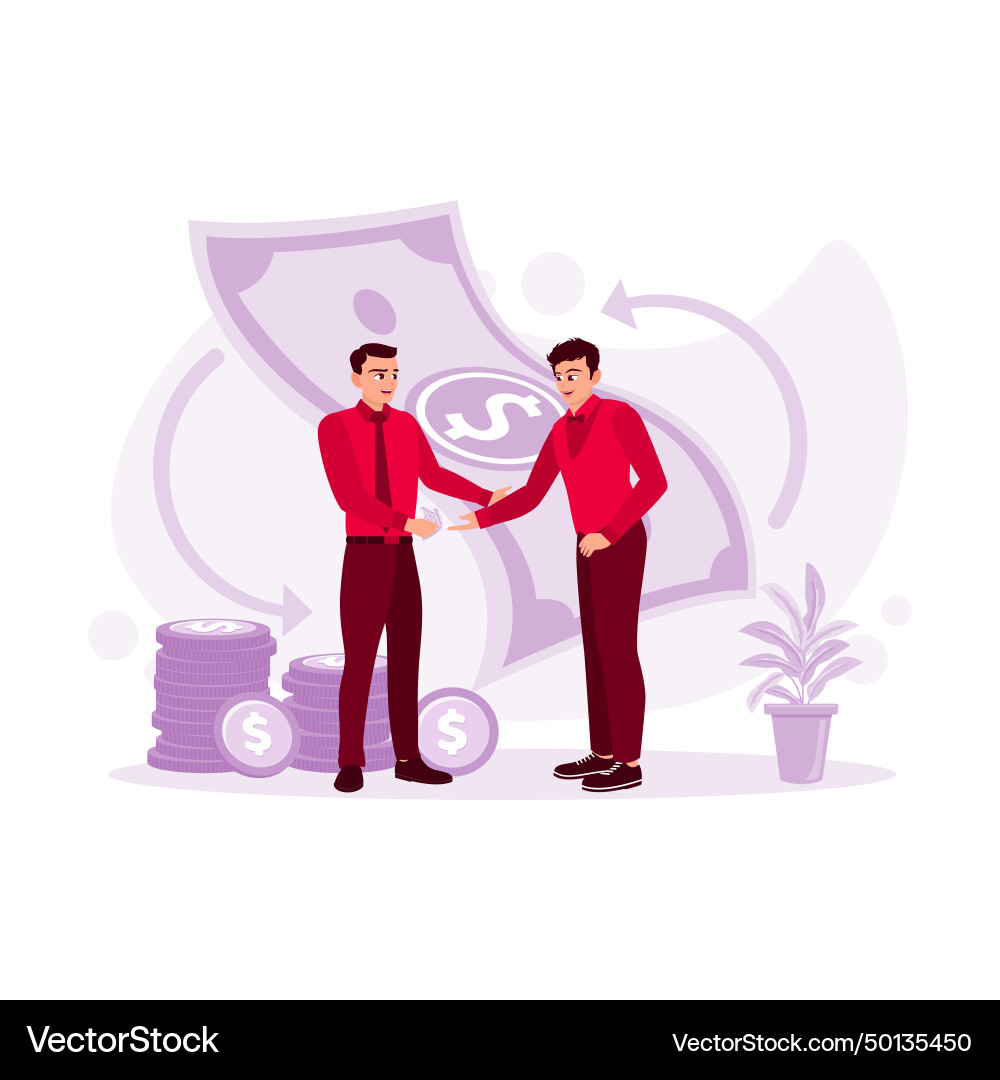 Two men agree and transact money face Royalty Free Vector