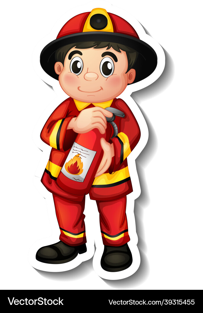 Sticker design with a fireman cartoon character Vector Image