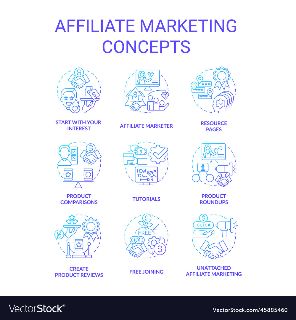 Affiliate marketing blue gradient concept icons Vector Image