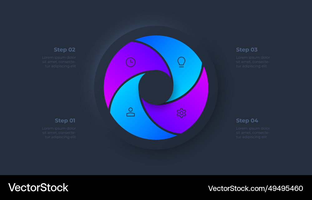 Dark cycle neumorphism diagram divided into 4 Vector Image