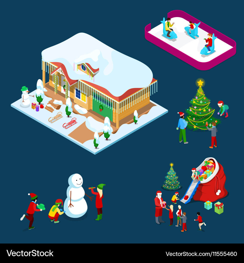Isometric christmas decorated house Royalty Free Vector