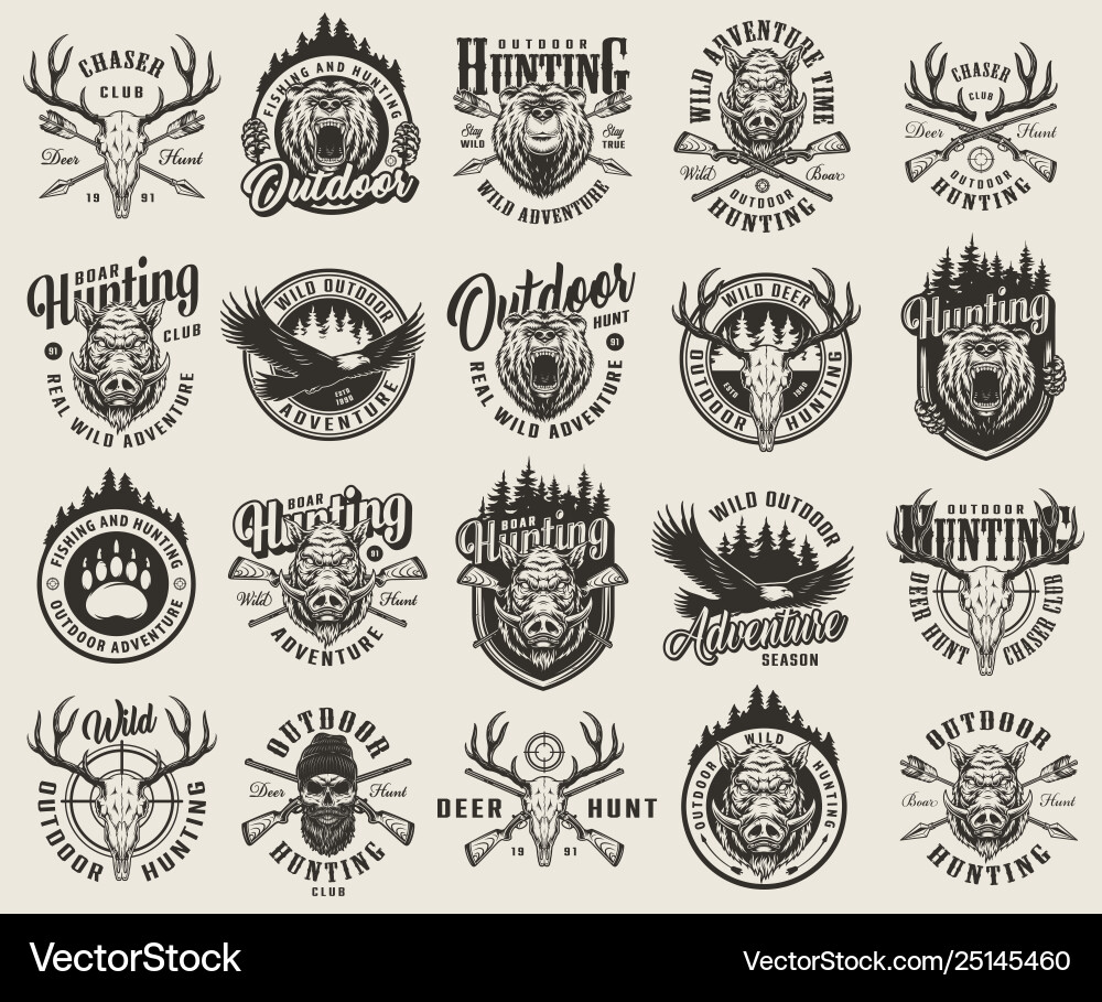 Vintage monochrome hunting emblems set Royalty Free Vector