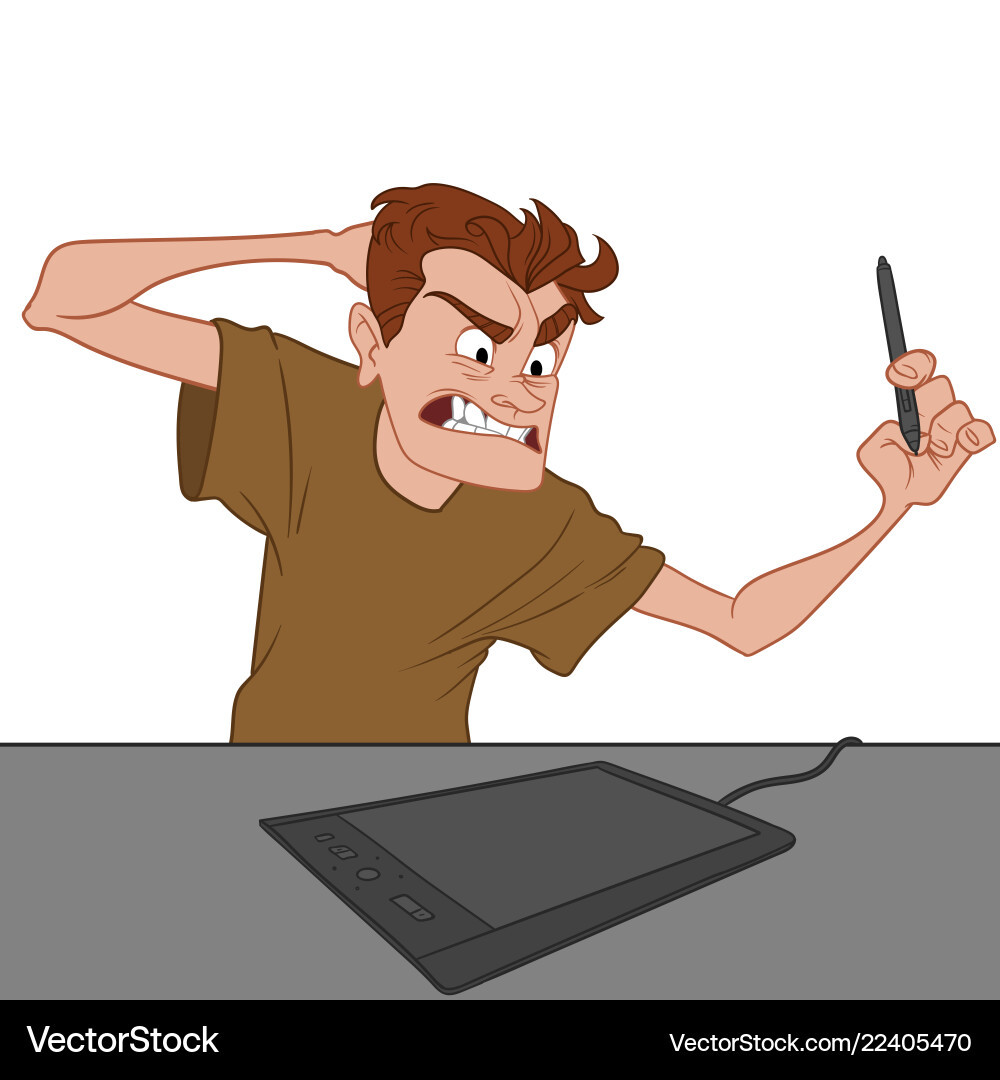 An angry man is angry because the graphics tablet Vector Image