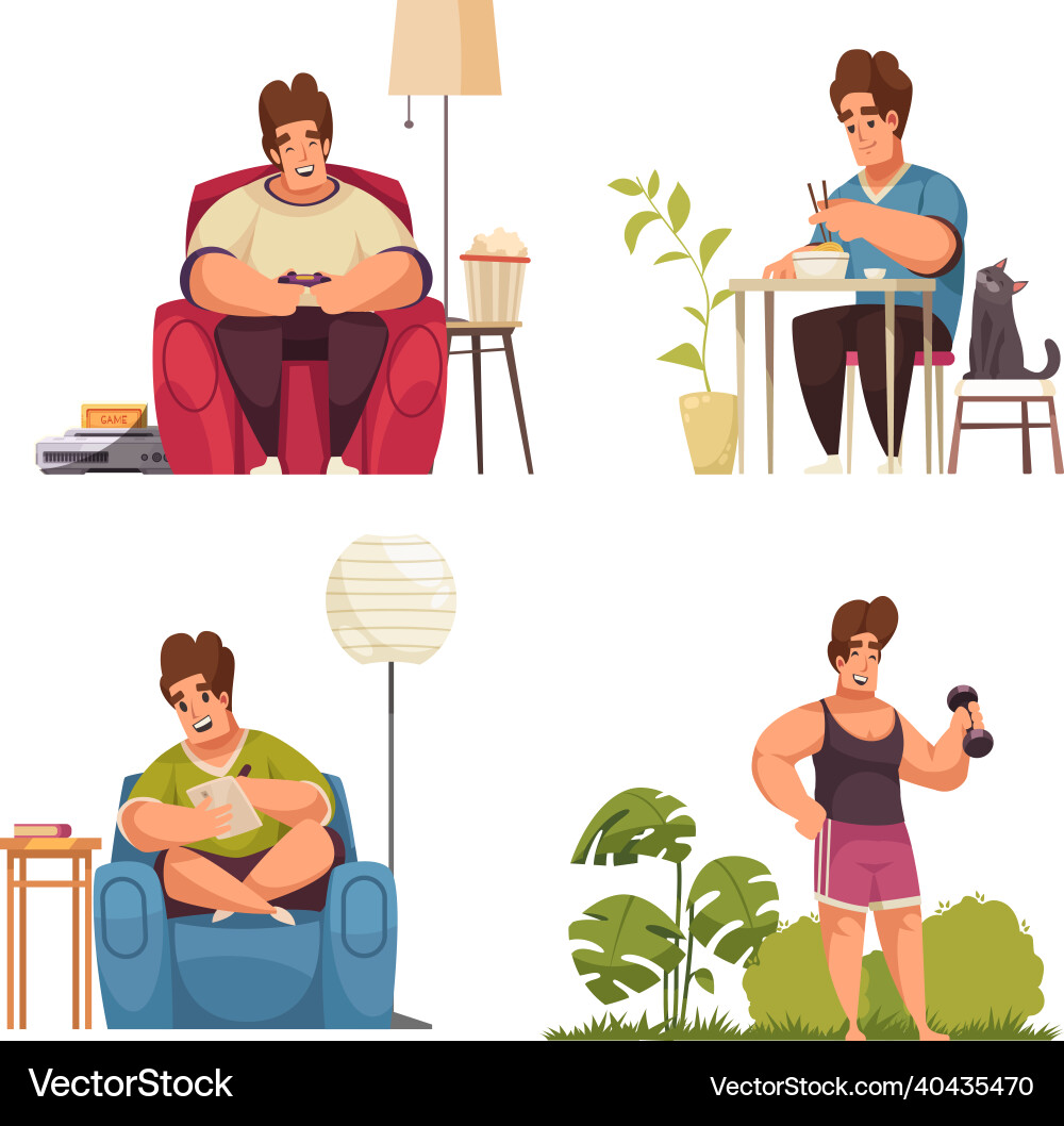 Daily man routine 2x2 design concept Royalty Free Vector