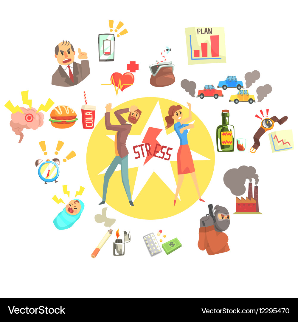 Stressed man and woman surrounded with different Vector Image