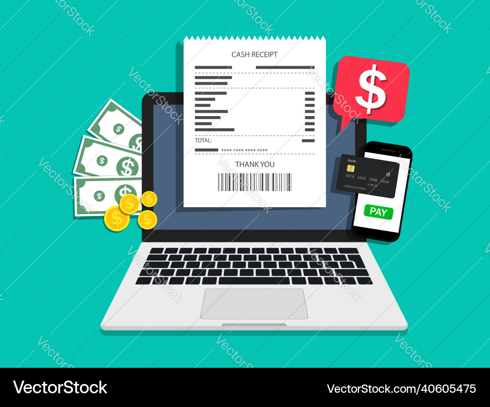 Online payment in computer with invoice money Vector Image