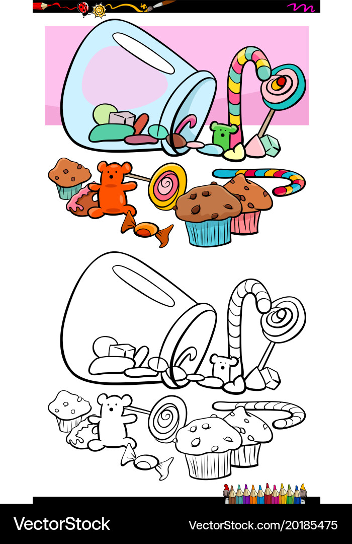 Sweets and candies group coloring book Royalty Free Vector