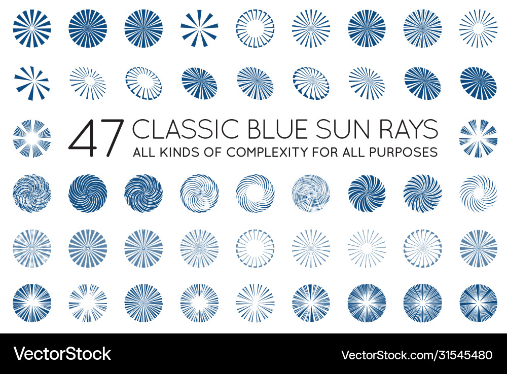 Set sunburst rays sun in trendy classic Royalty Free Vector