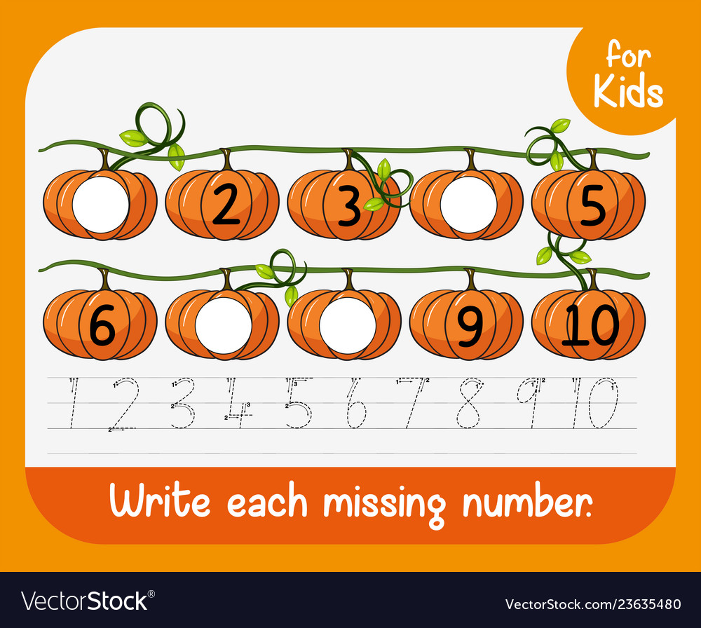 Write each missing number worksheet Royalty Free Vector
