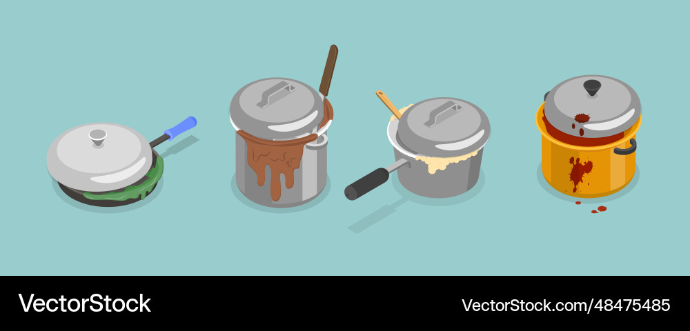 3d isometric flat set of dirty pots Royalty Free Vector