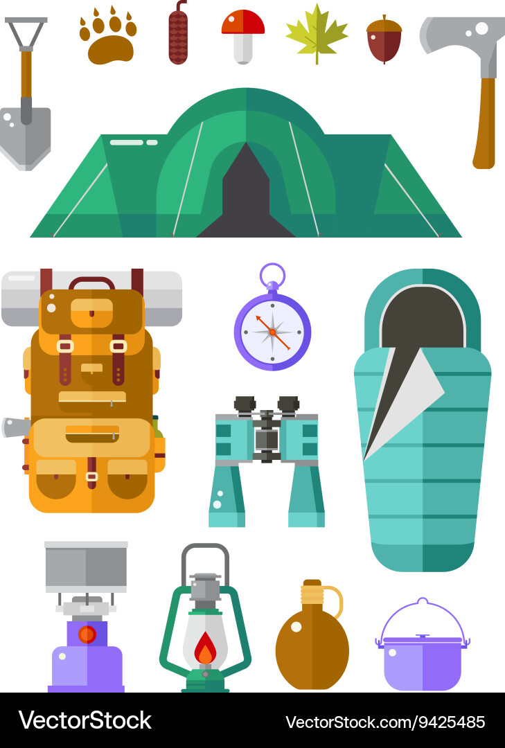 Camping icons collection basecamp kit hiking Vector Image