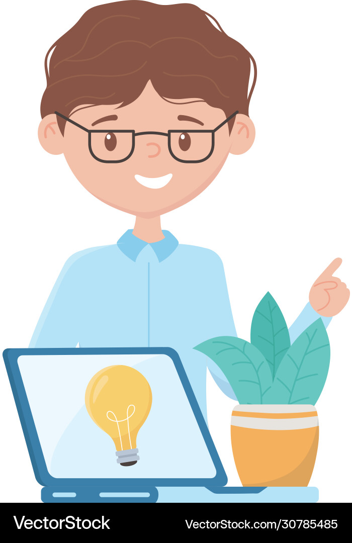 School boy with laptop and light bulb Royalty Free Vector