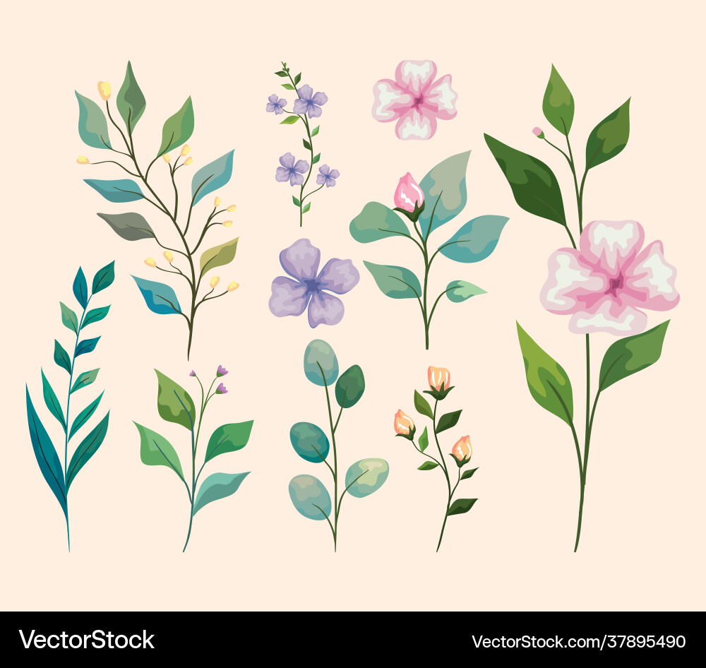 Flowers with leaves icon group Royalty Free Vector Image