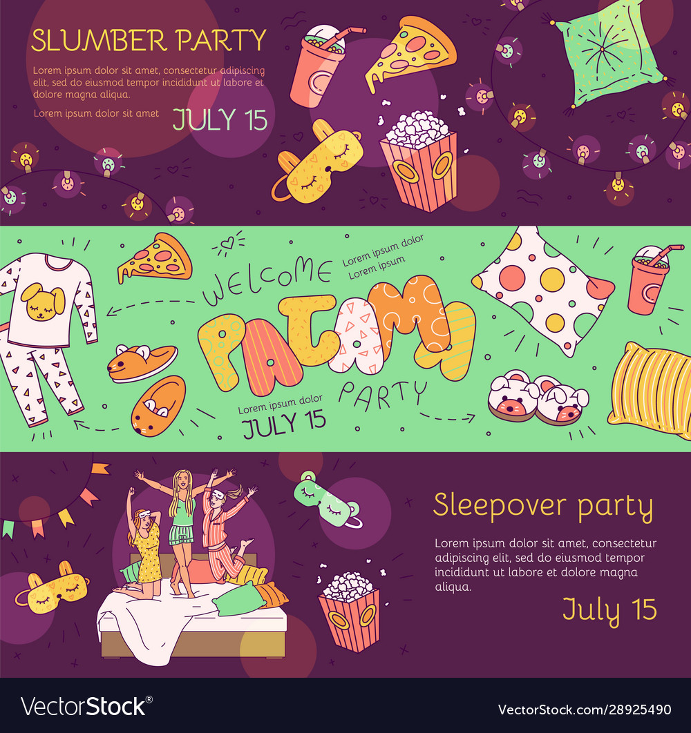 Slumber Pajama Party Banner Set Cartoon Girls Vector Image