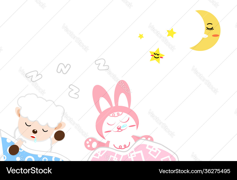 Sheep and rabbit cartoon sleeping among moon Vector Image