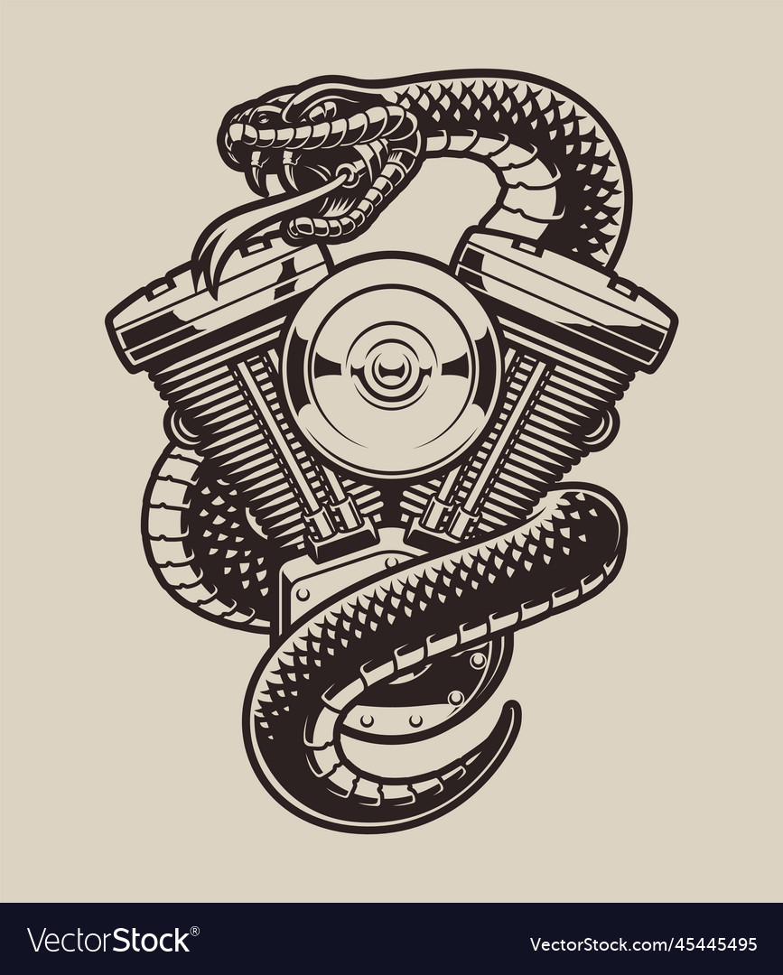 Vintage biker snake with engine Royalty Free Vector Image