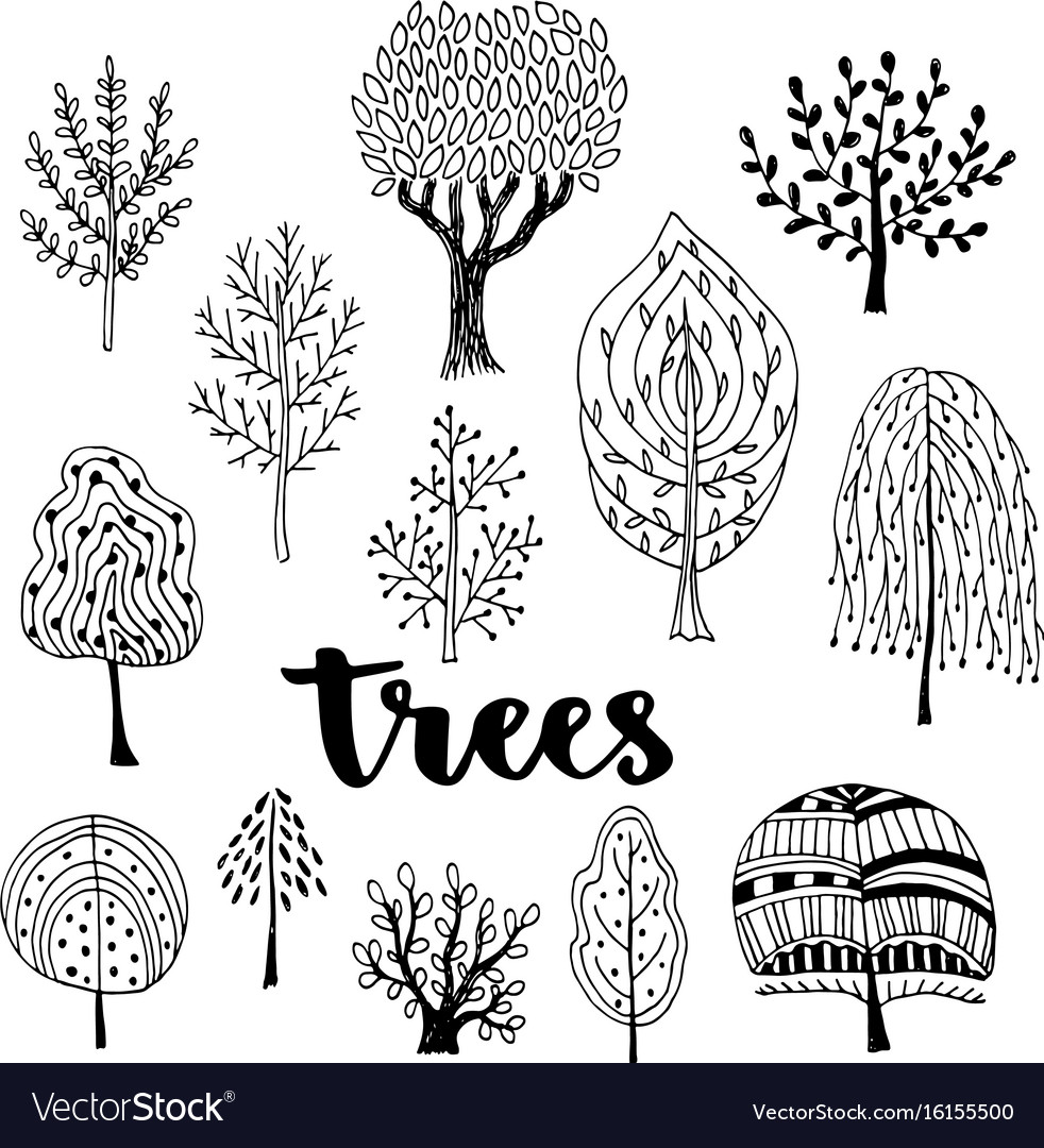 Trees set hand drawn collection doodle trees Vector Image