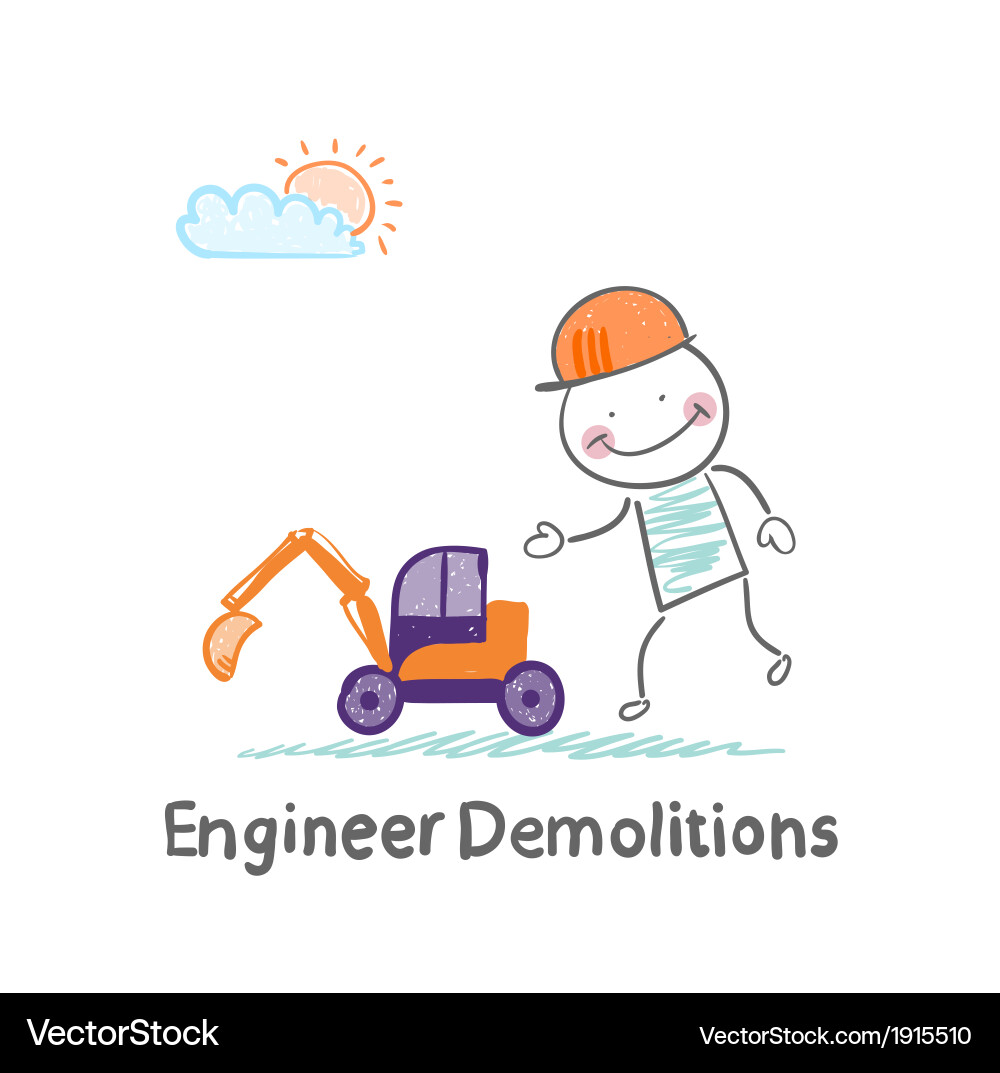Engineer demolitions looks at a toy excavator Vector Image