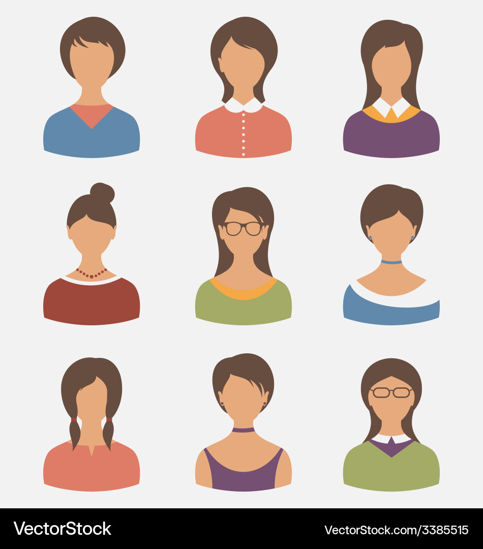 Set female characters isolated on white background