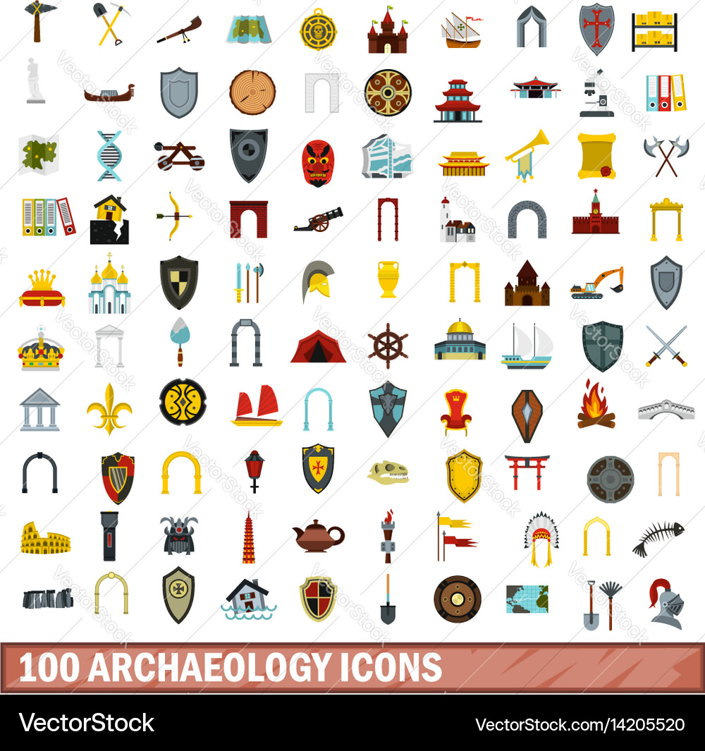 100 archaeology icons set flat style Royalty Free Vector