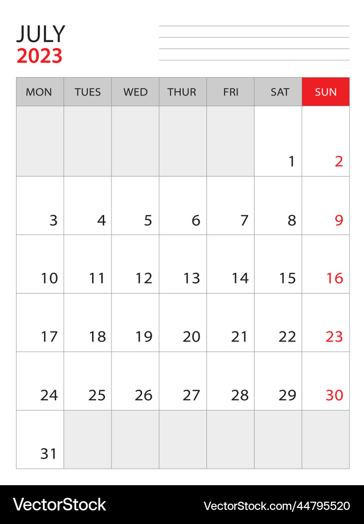 July 2023 - calendar 2023 template Royalty Free Vector Image