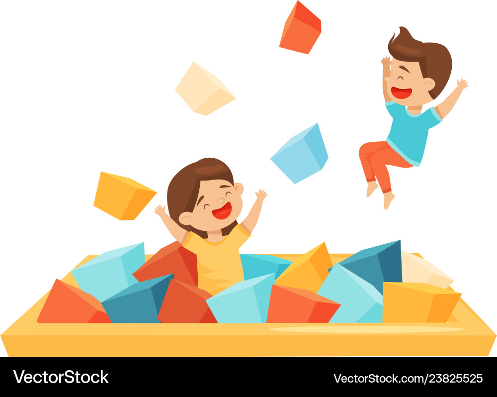 Kids playing in pool with soft paralon cubes Vector Image