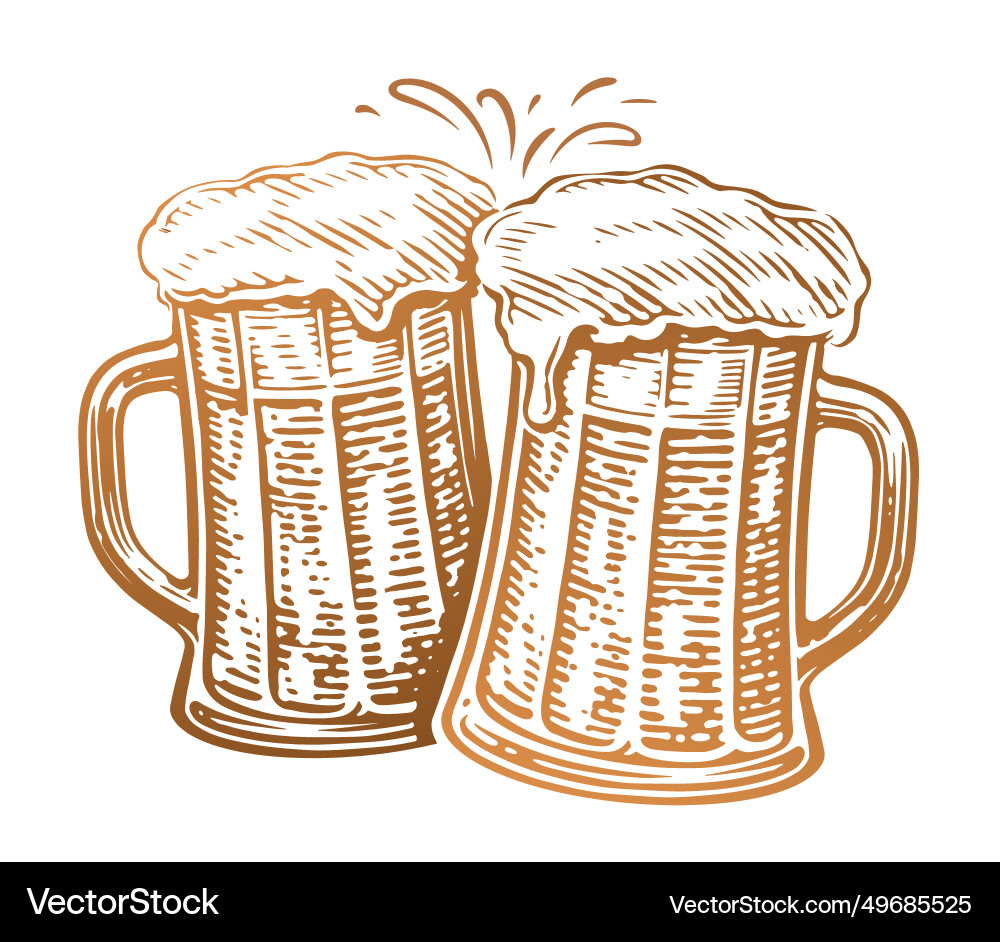 Two toasting beer mugs clinking glass tankards Vector Image
