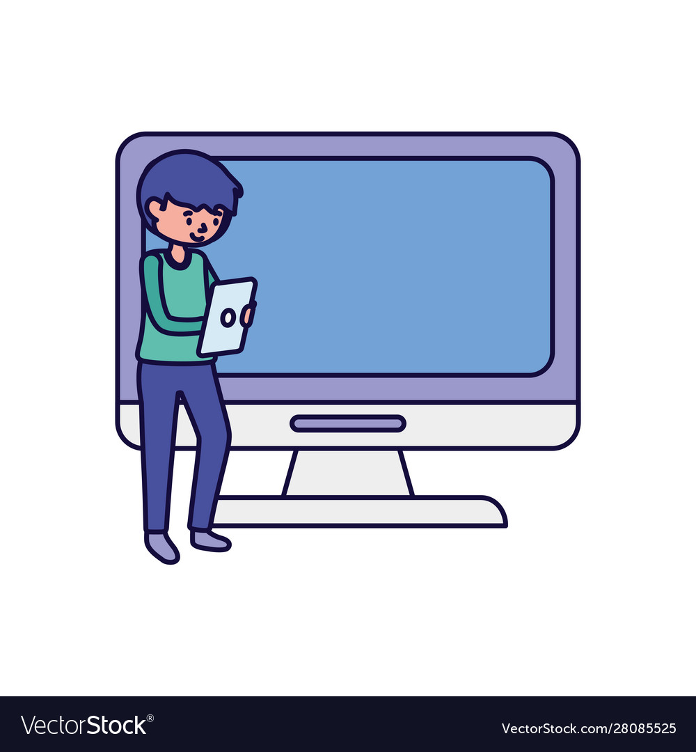 Young student with tablet and monitor pc learning Vector Image