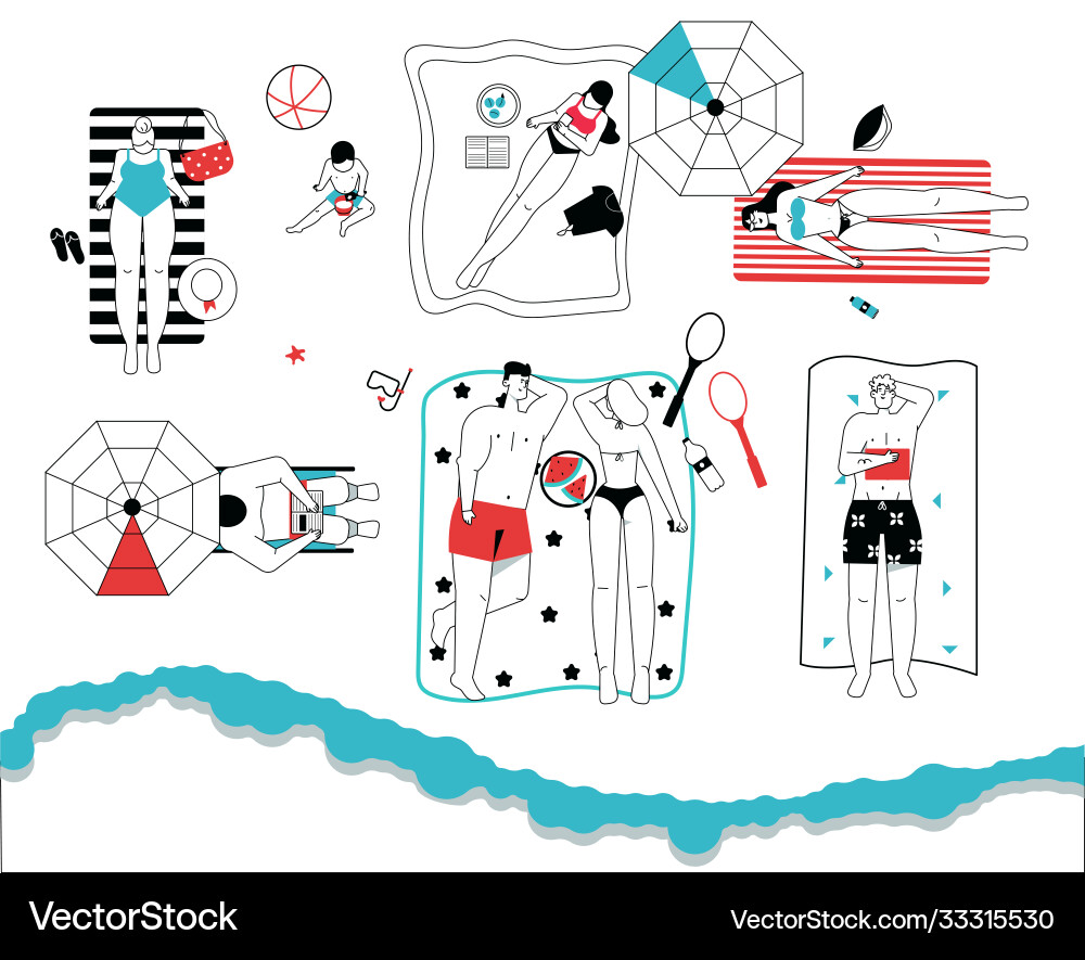 Happy people sunbathing on beach in top view Vector Image