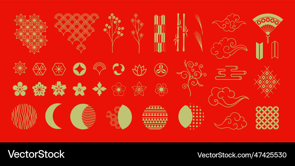 Japanese elements gold sun and moon sakura Vector Image
