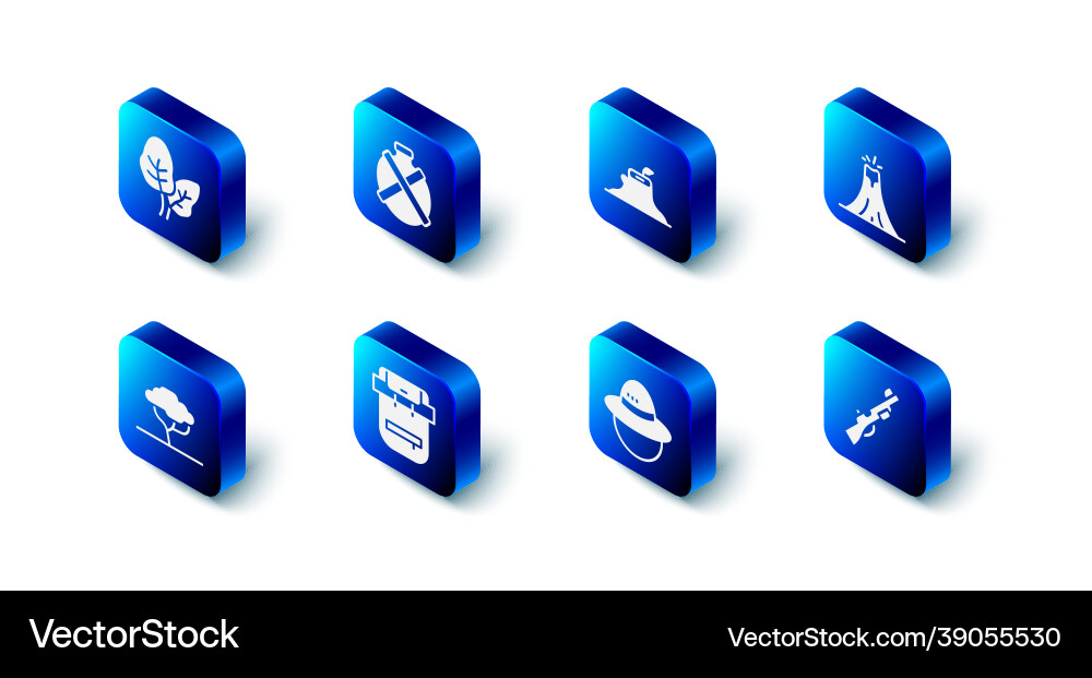 Set canteen water bottle tree stump volcano Vector Image