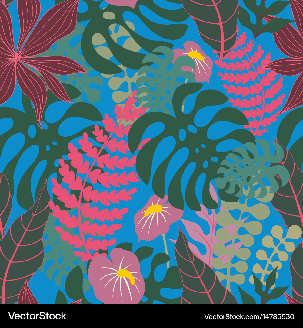 Tropical plants on a blue background seamless Vector Image