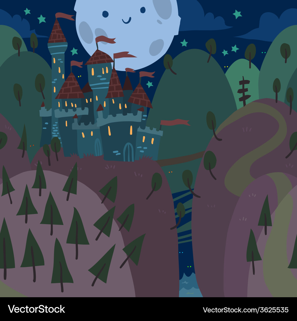 Cartoon flat Castle on a Hill at Night Royalty Free Vector