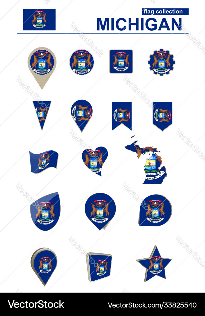 Michigan flag collection big set for design Vector Image