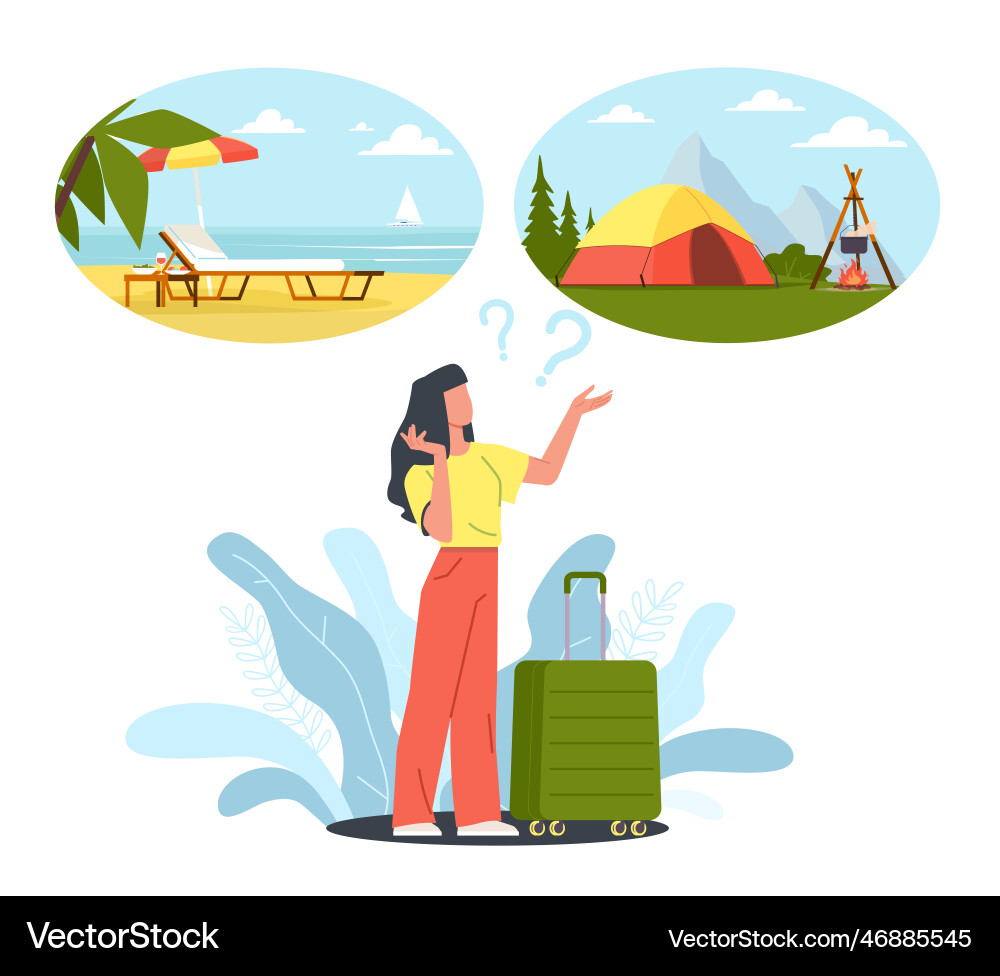 Girl can not decide on vacation where Royalty Free Vector