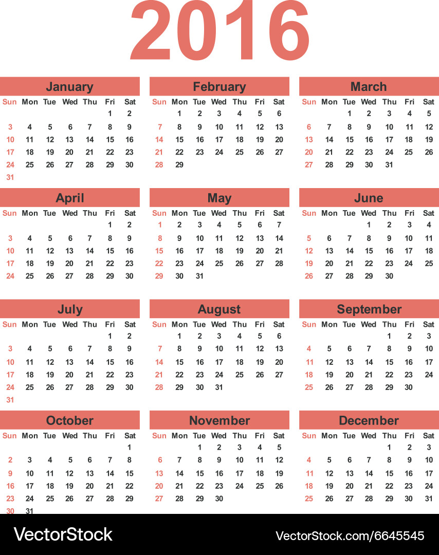 Simple calendar 2016 week starts on sunday Vector Image