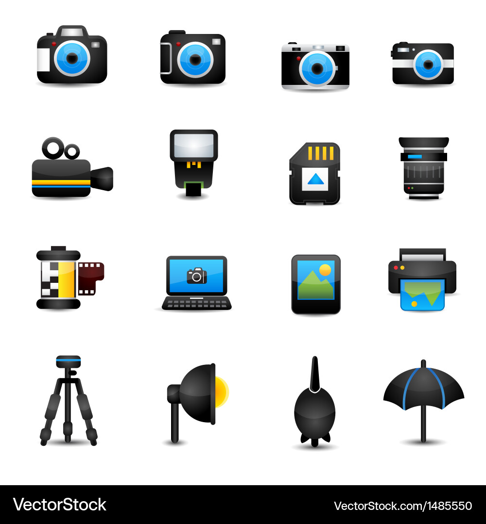 Camera icons and accessories black Royalty Free Vector Image