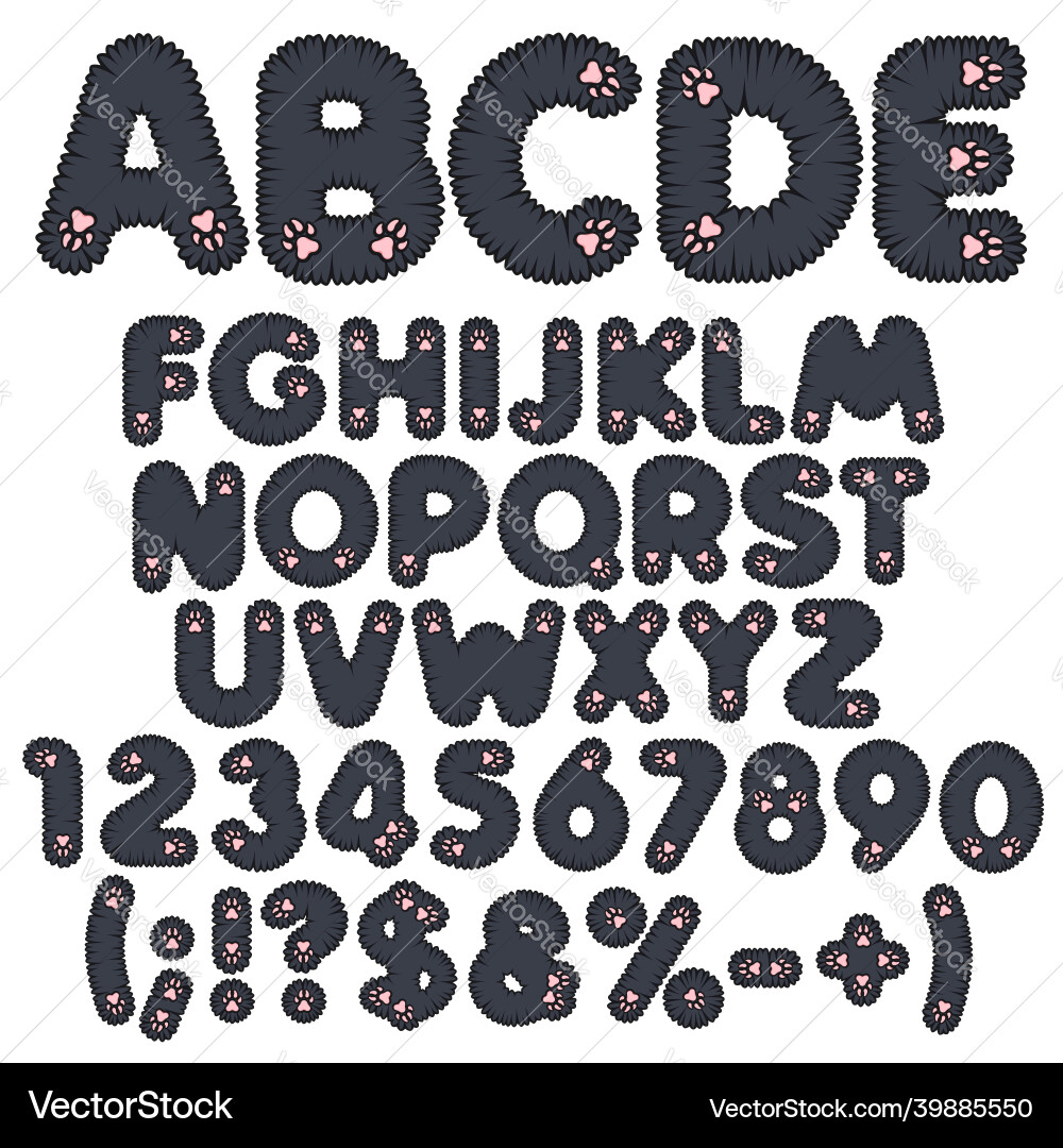 Fluffy black alphabet with pink paws Royalty Free Vector