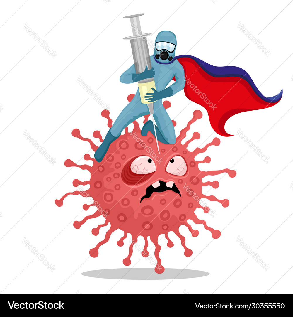 Medic with a syringe defeats a coronavirus Vector Image