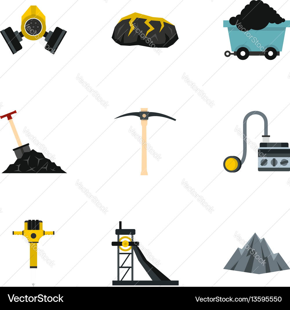 Miner equipment icons set flat style Royalty Free Vector