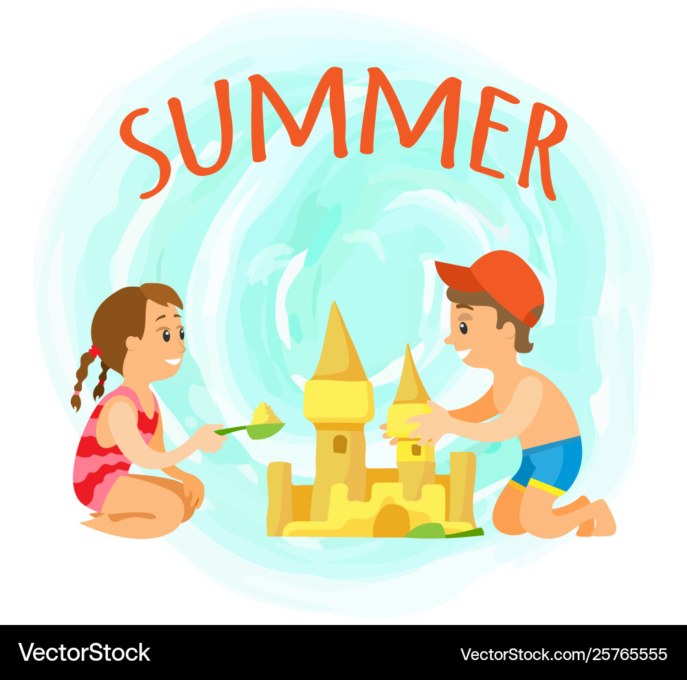 Summer holidays children building sand castle Vector Image
