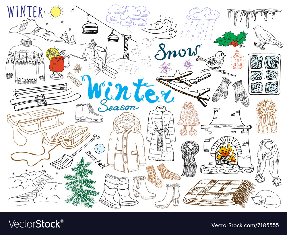 Winter season set doodles elements hand drawn set Vector Image Winter season set doodles elements hand drawn set Vector Image