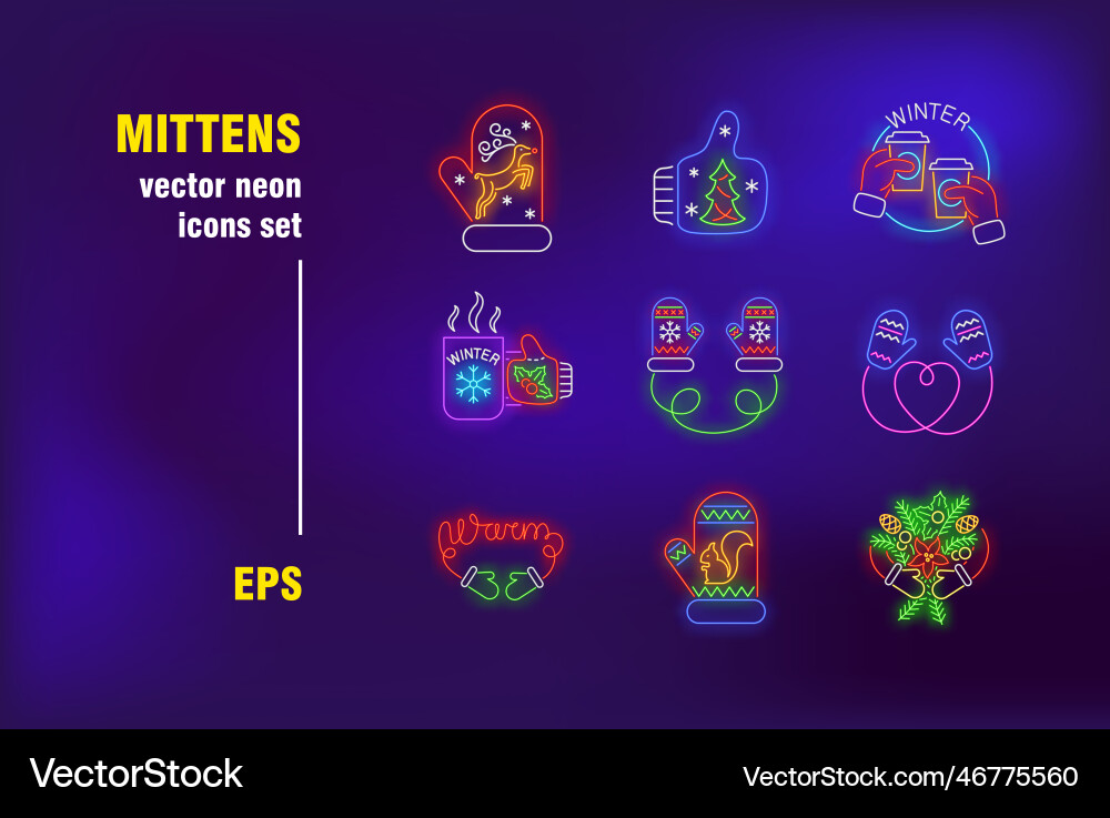 Mittens neon signs set Royalty Free Vector Image