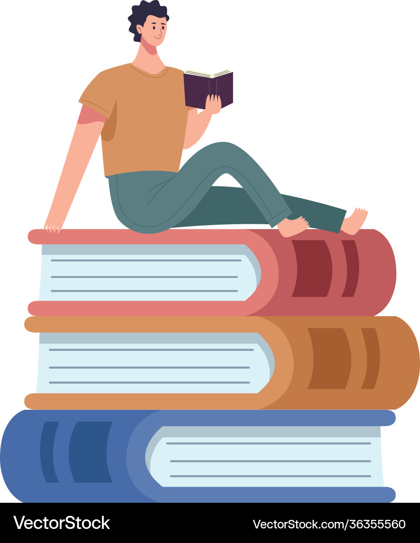 Reader man reading book seated in books character Vector Image