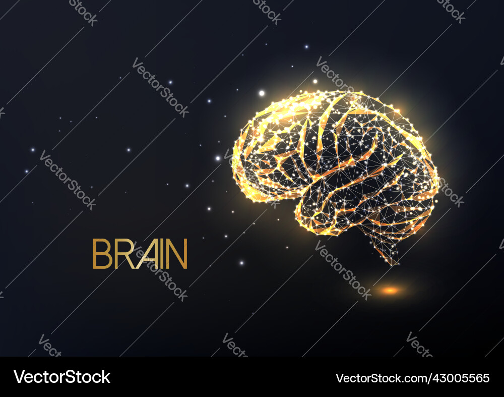 Abstract gold human brain in glowing low polygonal