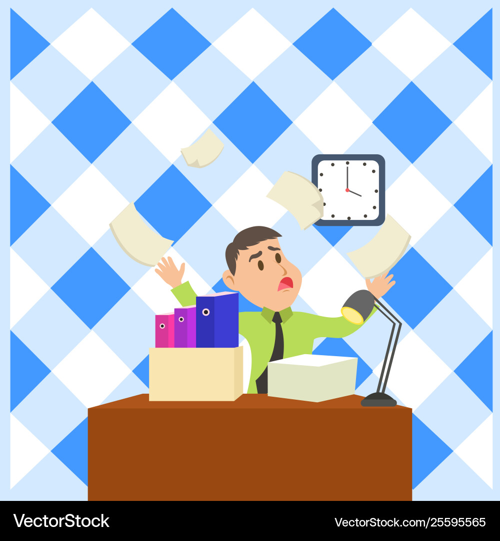 Confused male office worker sitting at desktop Vector Image