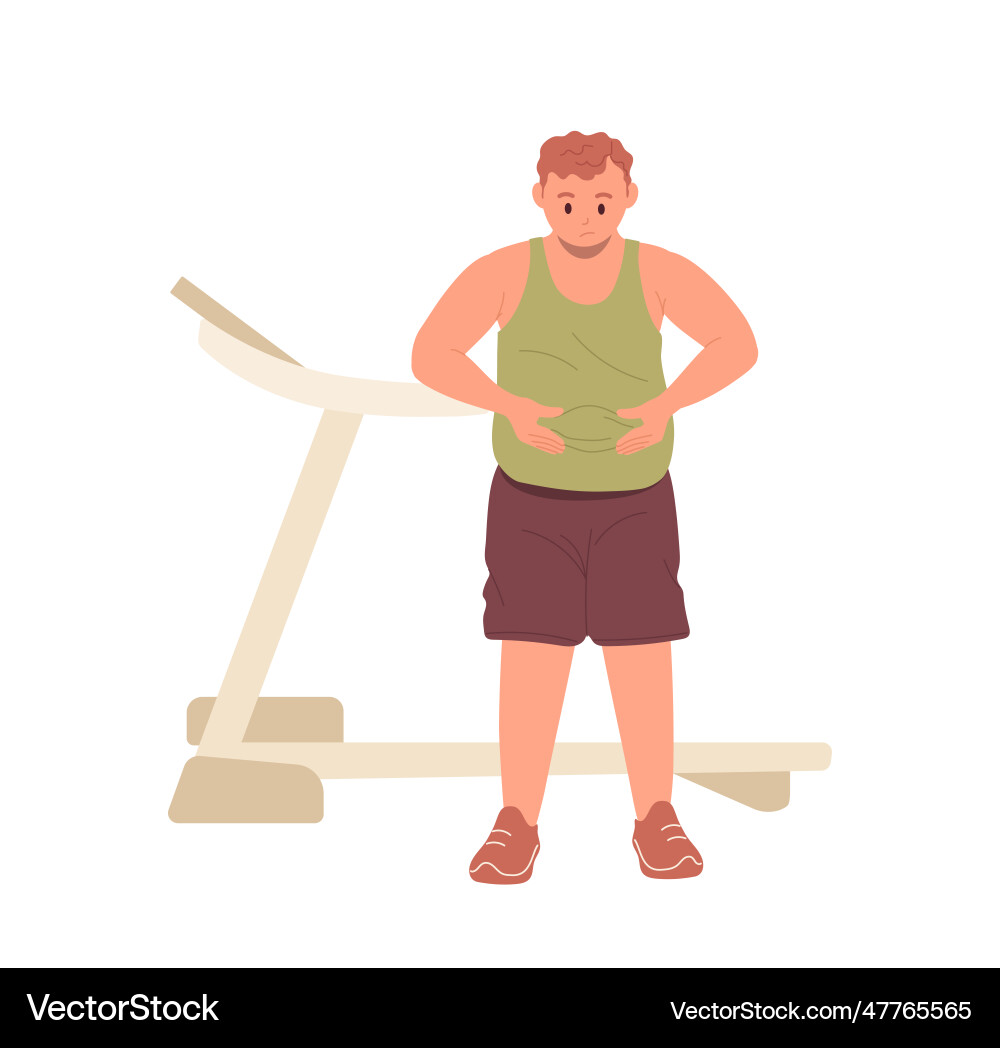 Sad unhappy fat man having excess weight touching Vector Image