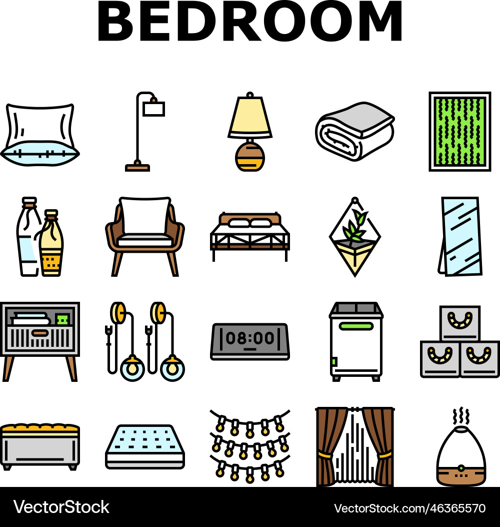 Bedroom room interior bed icons set Royalty Free Vector