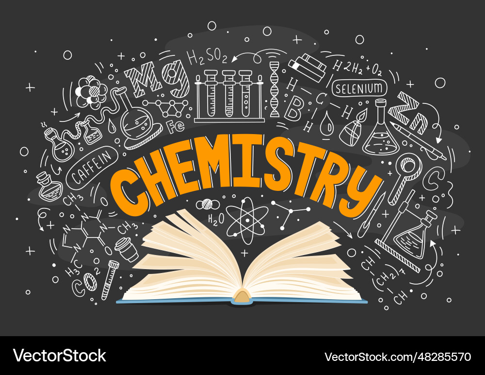 Chemistry textbook and formulas on chalkboard Vector Image