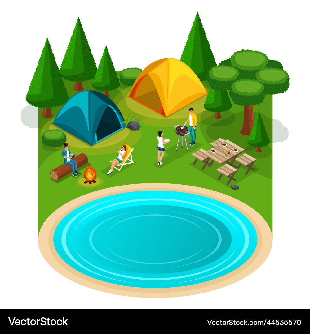 Isometric expedition travel hiking webpage Vector Image